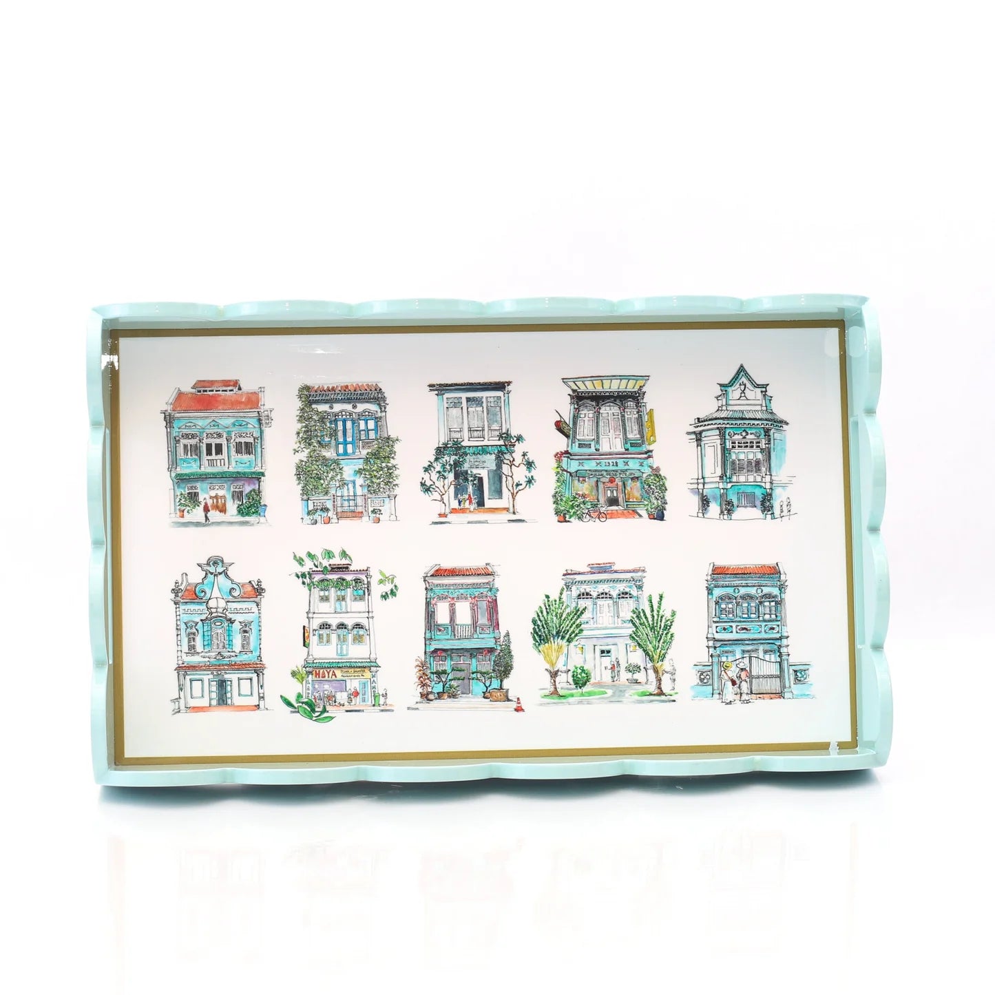 Turquoise Scallop Lacquer Tray - Turquoise Shophouses – Suterwala's